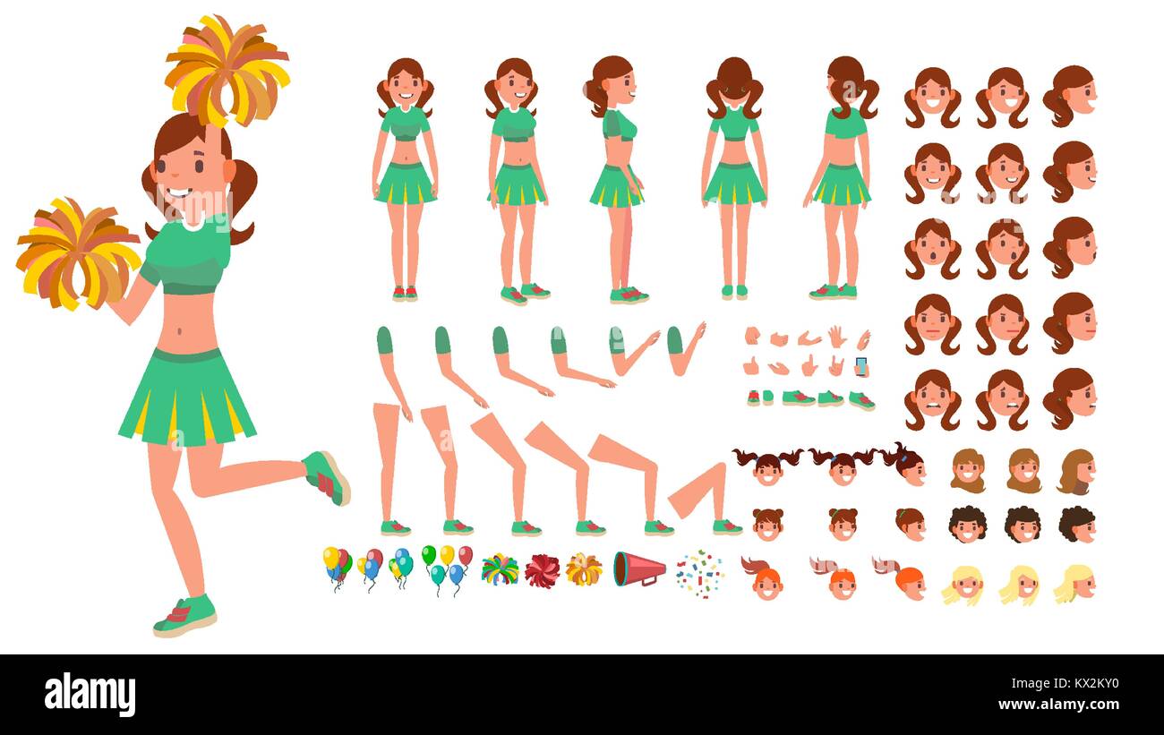 Cheerleader Girl Vector. Animated Character Creation Set. Sport Fan ...
