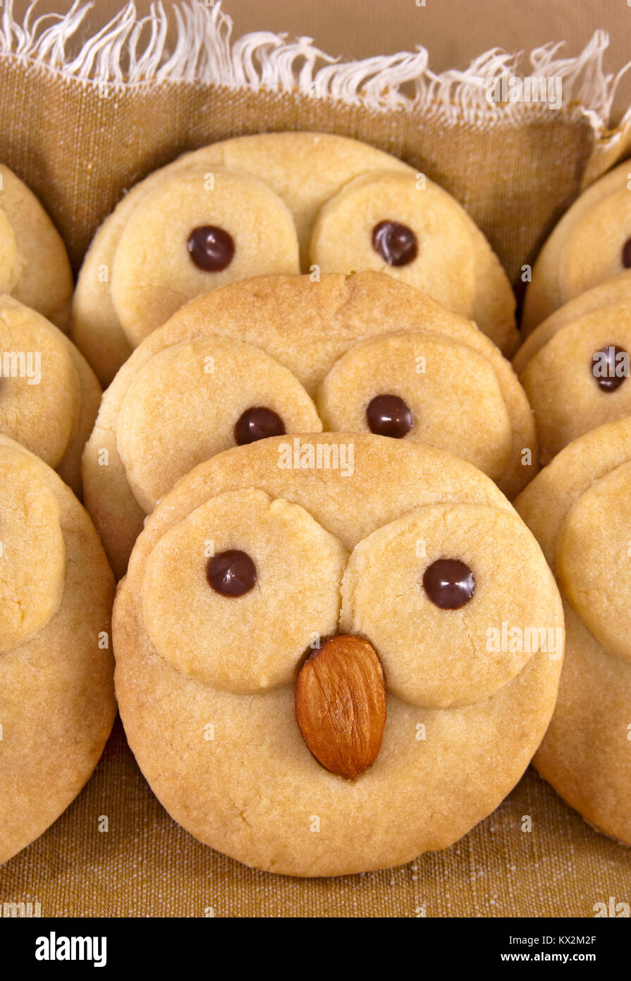 Homemade cookies with bird faces and almonds as a beak Stock Photo - Alamy