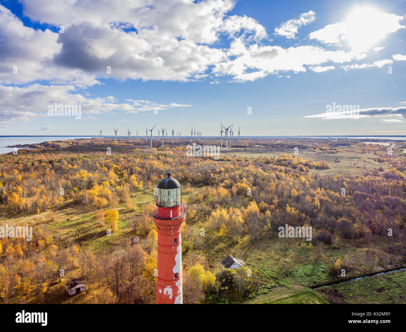 Old red Lighthouse in Paldiski, Estonia staying on a seacoast of Baltic ...