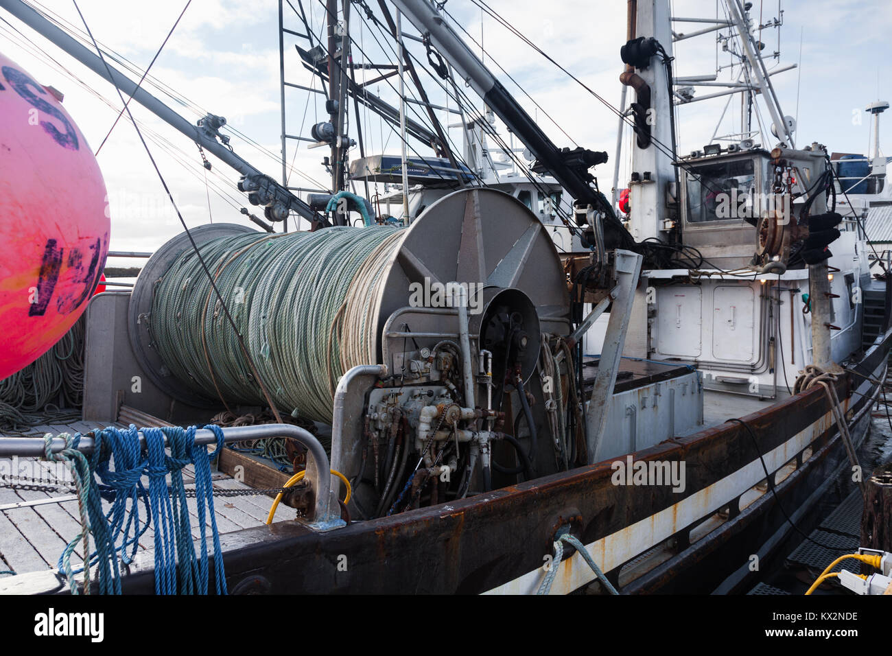 Commercial fishing vessel tethered to a dock in Steveston, British ...