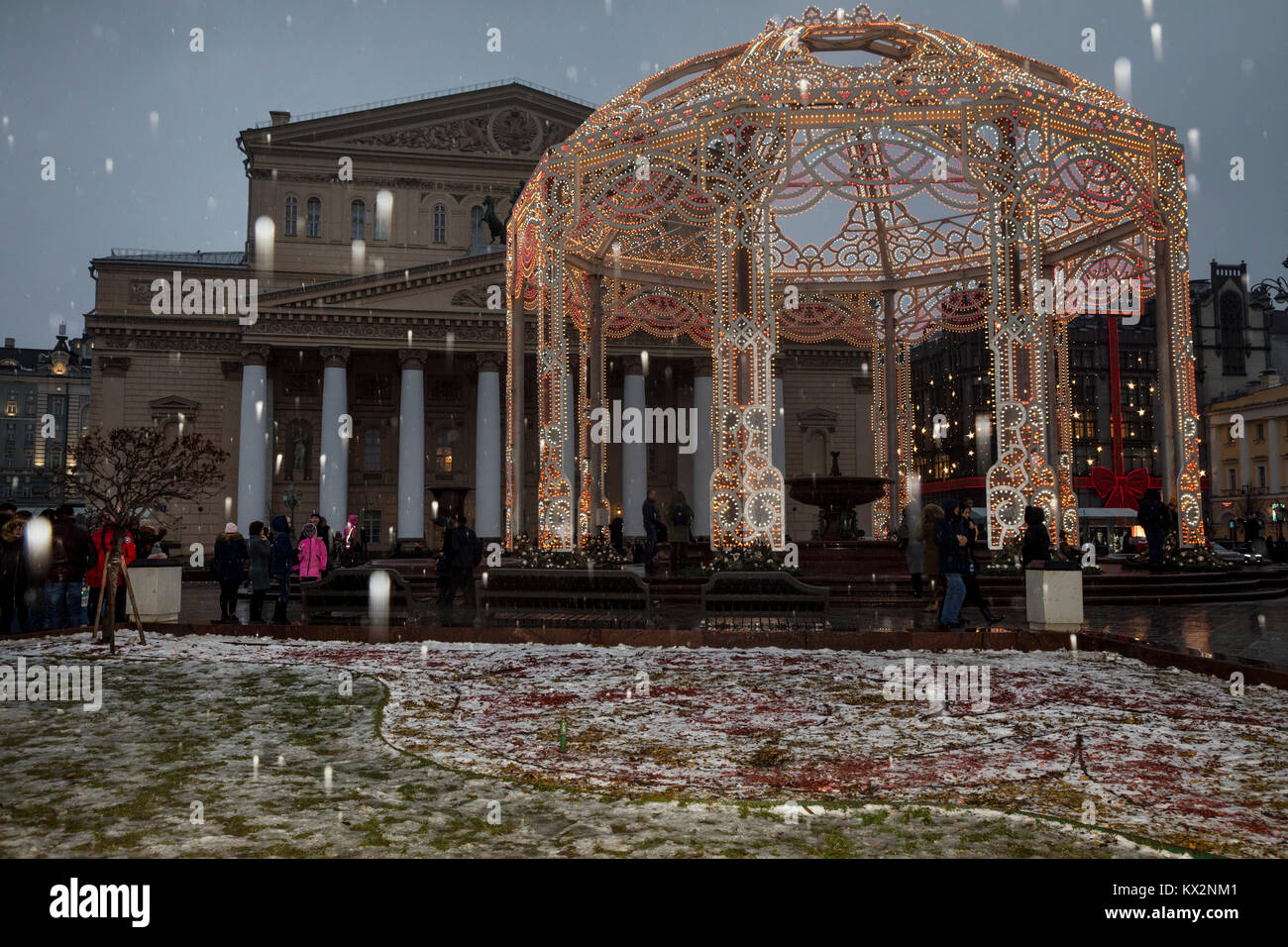 View of facade of Bolshoi theater and light installation during the ...