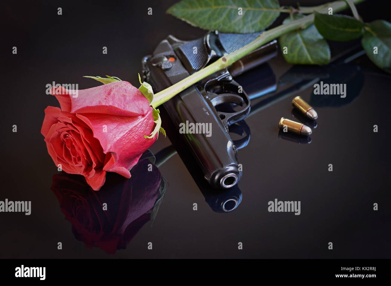 Rose, gun and two bullets on black reflective background Stock Photo ...