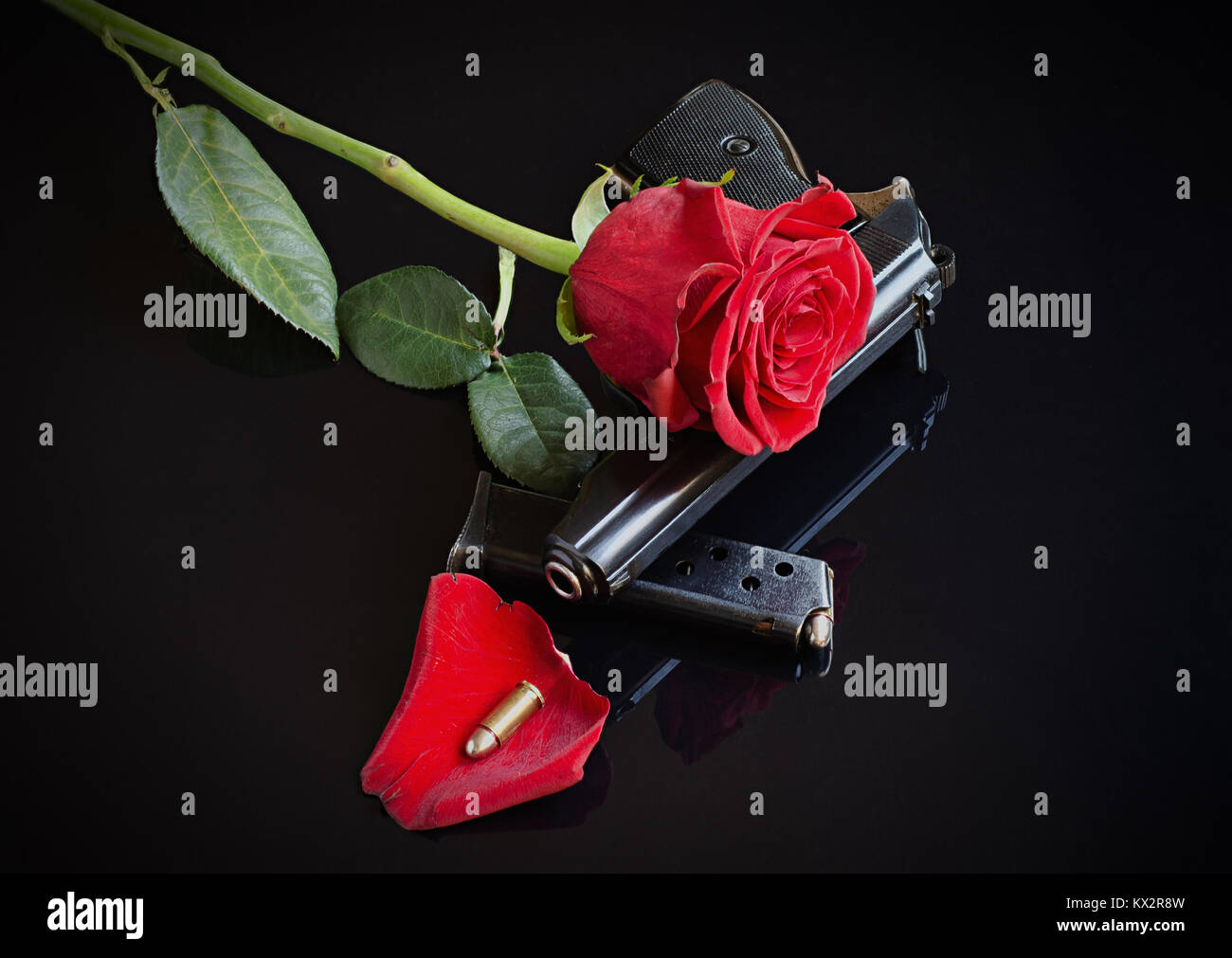 Rose, gun and bullet on black reflective background Stock Photo - Alamy