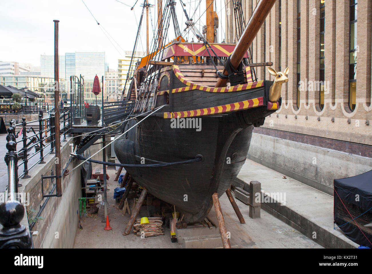 Close up of an old merchant ship without water in harbour in London ...