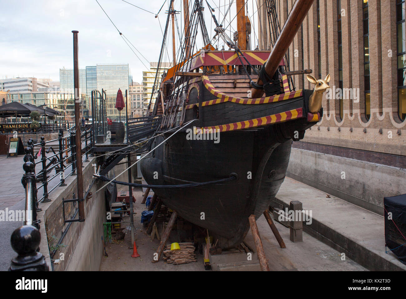 Close up of an old merchant ship without water in harbour in London ...