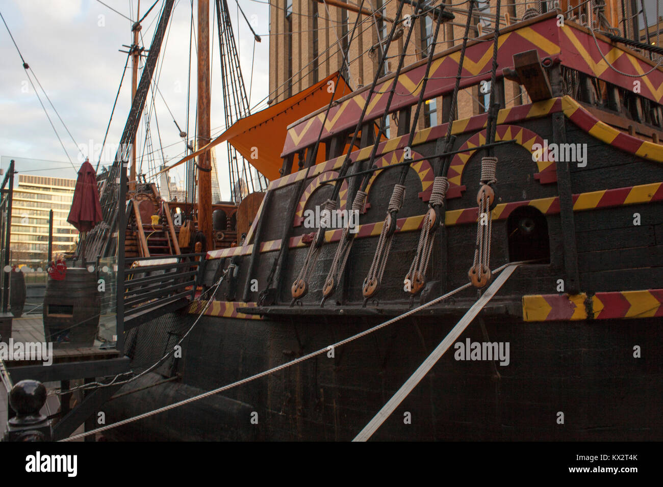 Close up of an old merchant ship without water in harbour in London ...