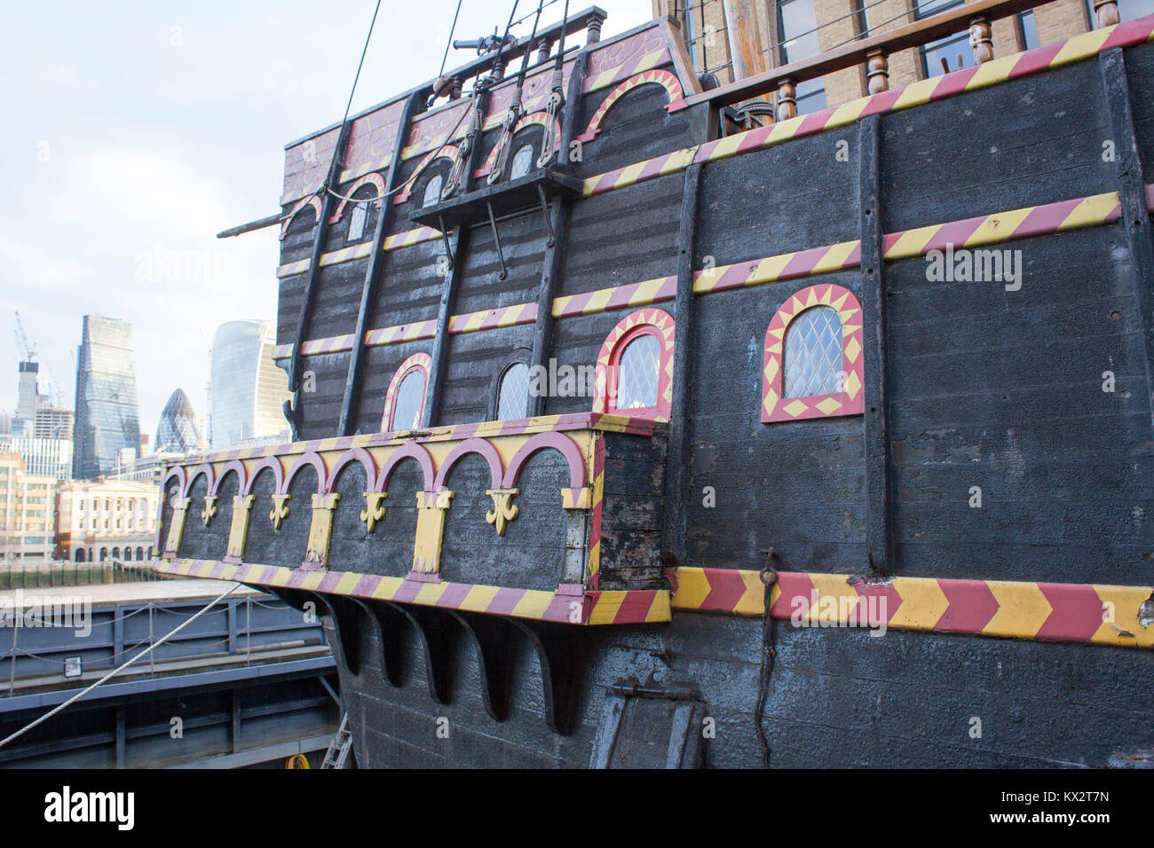 Close up of an old merchant ship without water in harbour in London ...