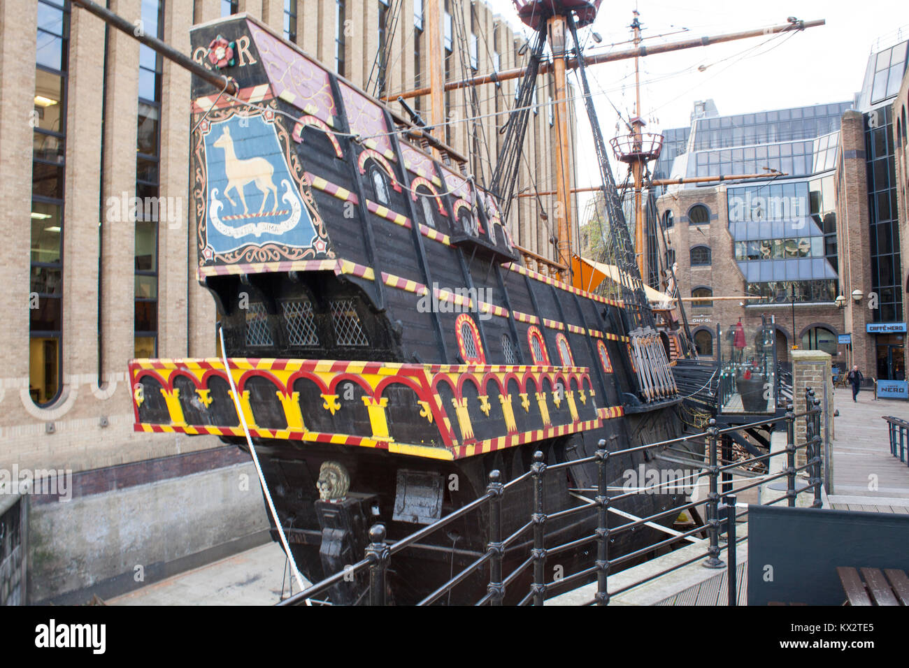 Close up of an old merchant ship without water in harbour in London ...