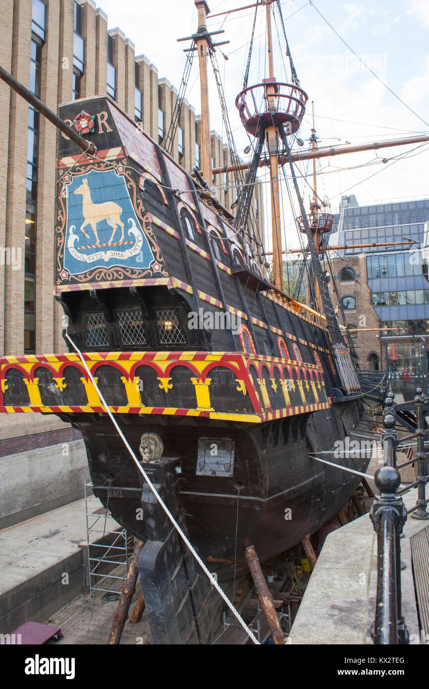 Close up of an old merchant ship without water in harbour in London ...