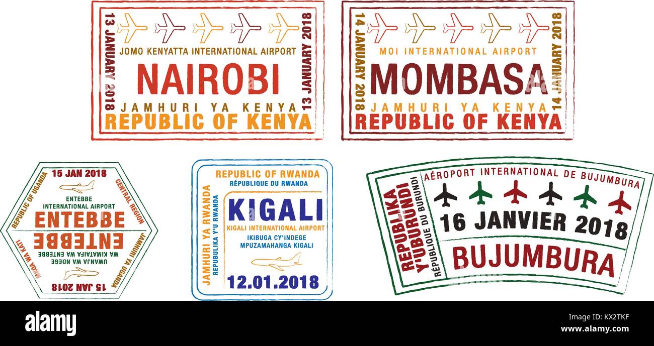 Set of stylised passport stamps for major airports of Kenya, Uganda ...