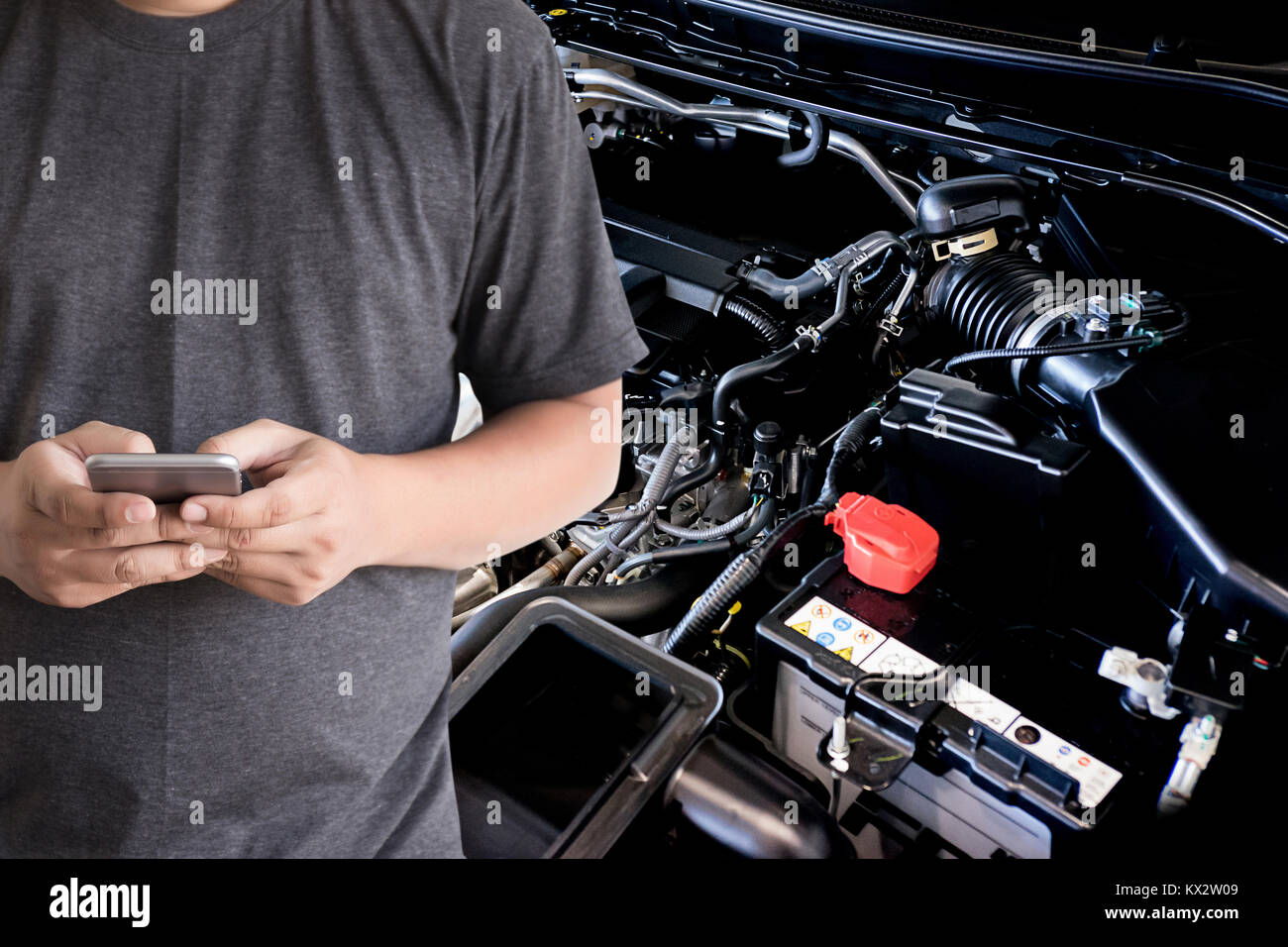 Close up detail of new car engine The powerful engine of a car ...