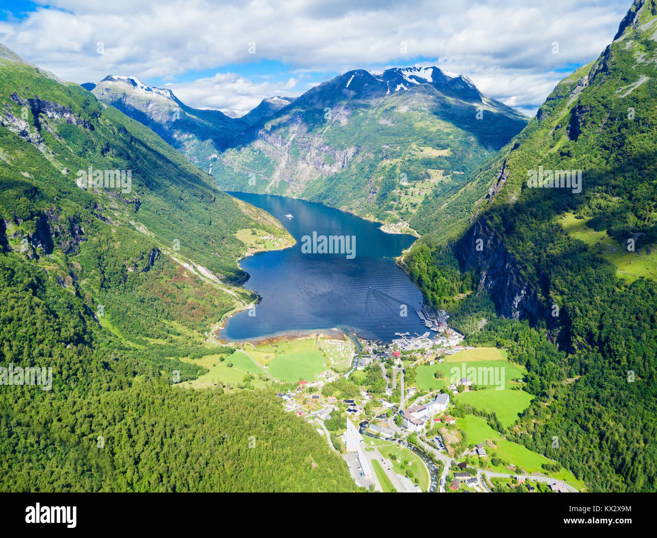 Geirangerfjord and Geiranger village aerial view from Flydalsjuvet ...