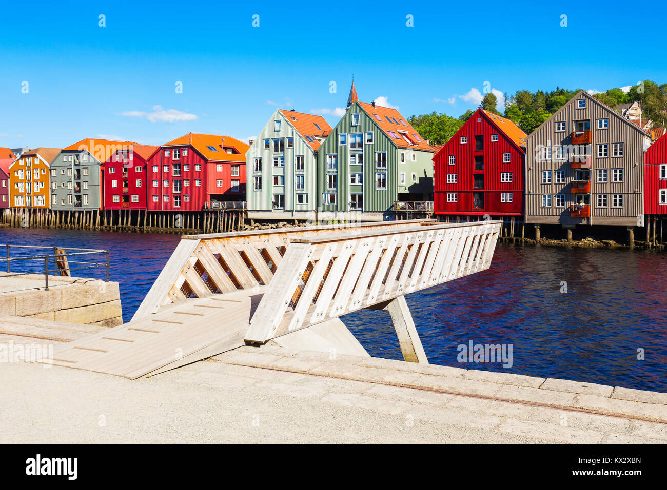 Colorful old houses at the Nidelva river embankment in the center of ...