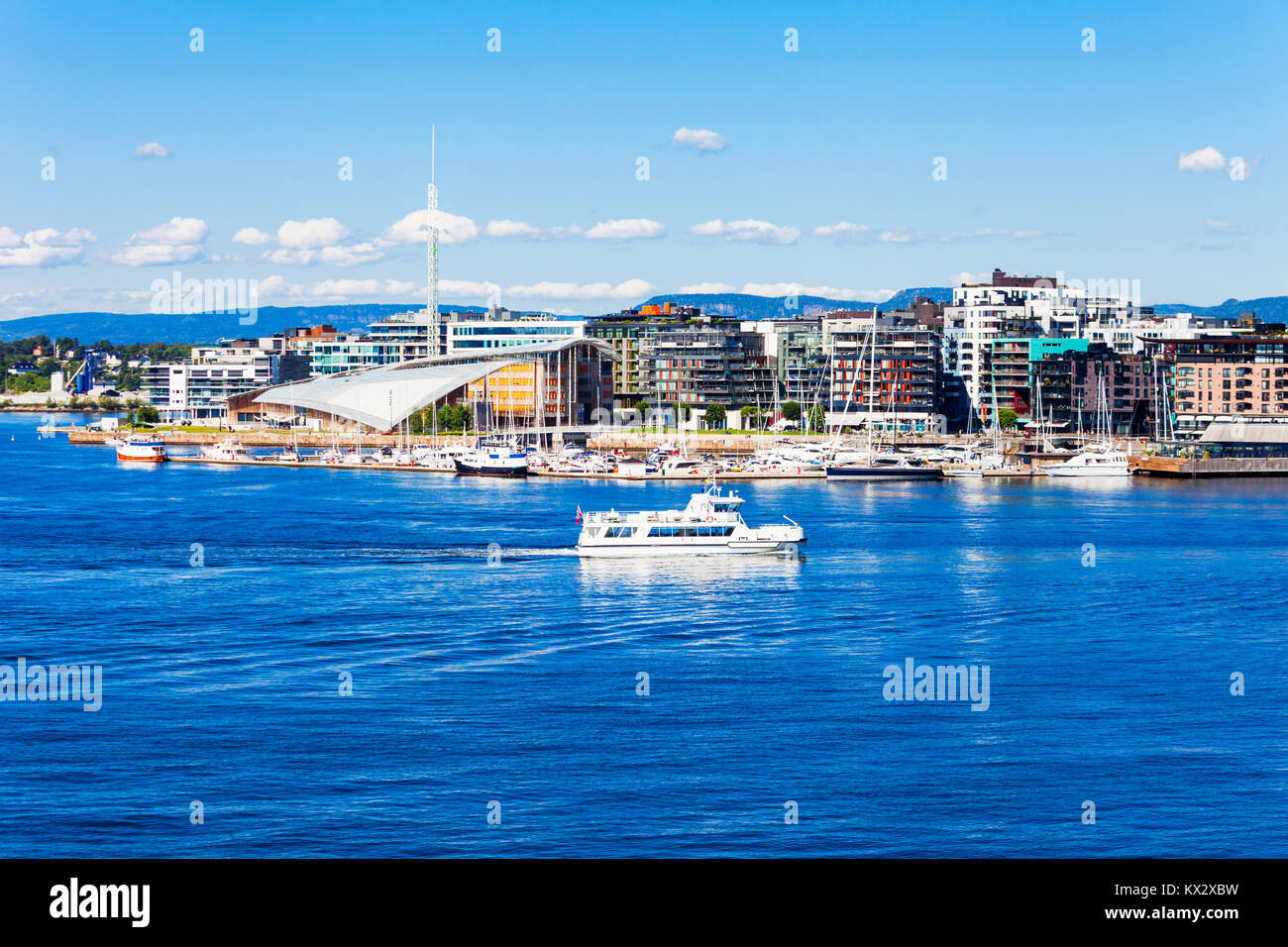 Oslo harbor or harbour at the Aker Brygge neighbourhood in Oslo. Oslo ...