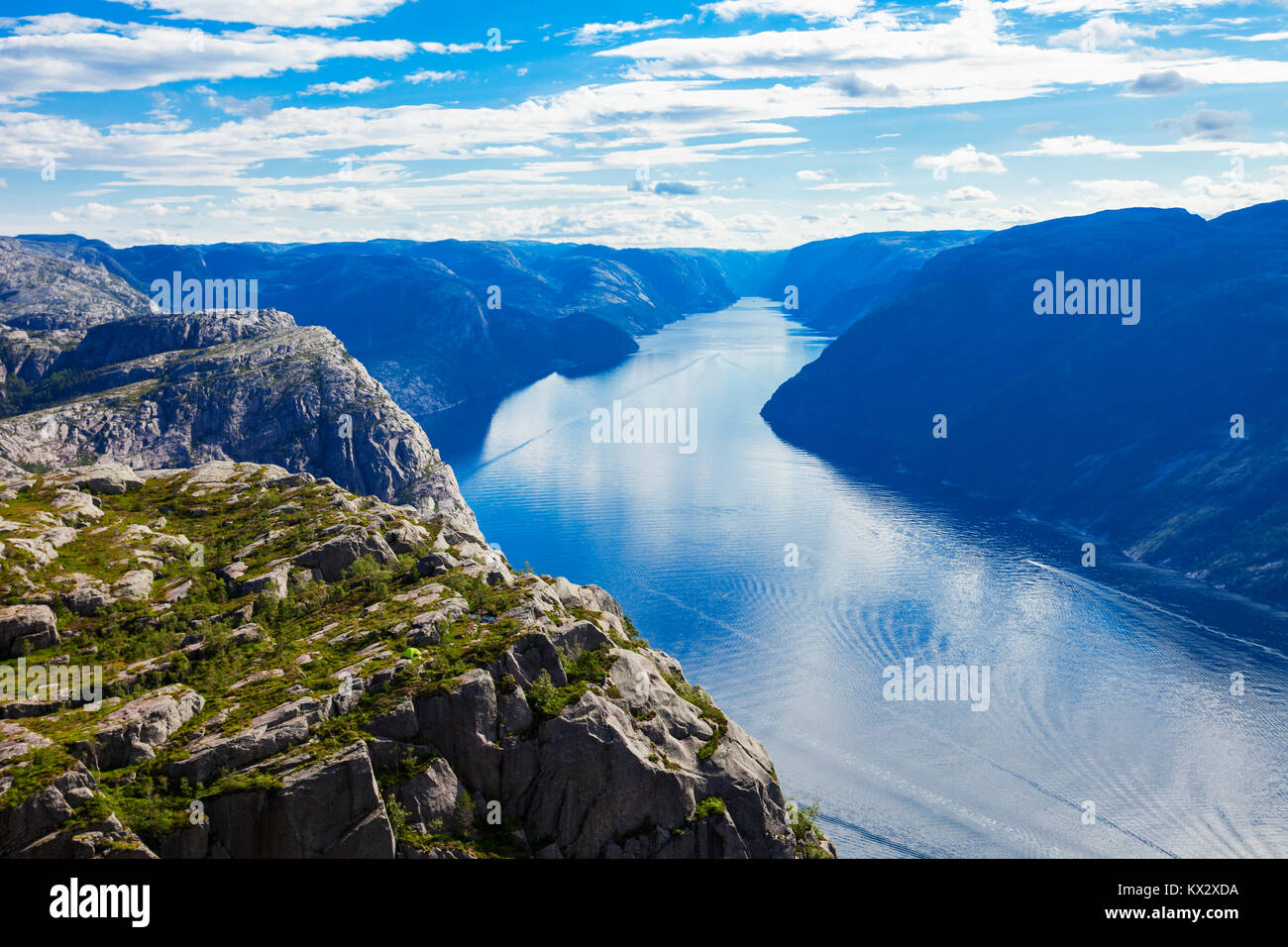 Lysefjord aerial panoramic view from the top of the Preikestolen cliff ...
