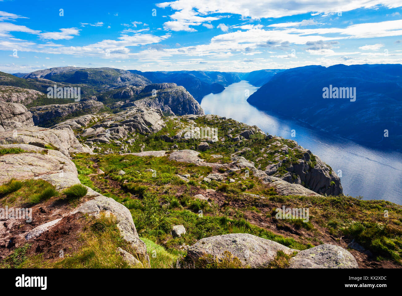 Lysefjord aerial panoramic view from the top of the Preikestolen cliff ...