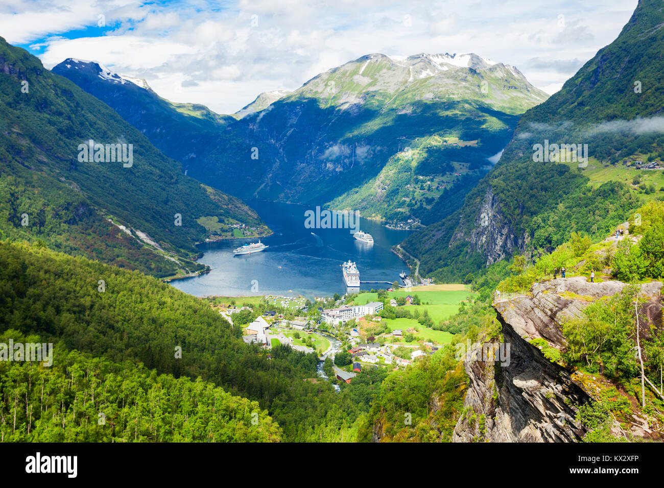 Geirangerfjord and Geiranger village aerial view from Flydalsjuvet ...