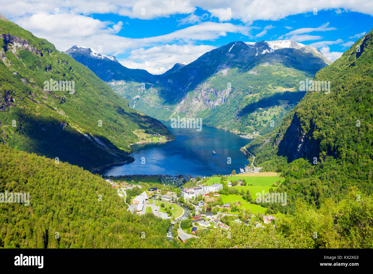 Geirangerfjord and Geiranger village aerial view from Flydalsjuvet ...