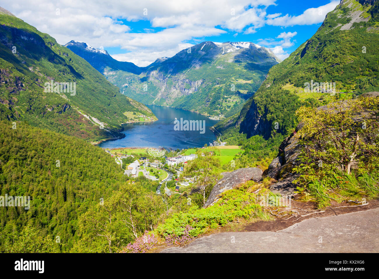 Geirangerfjord and Geiranger village aerial view from Flydalsjuvet ...