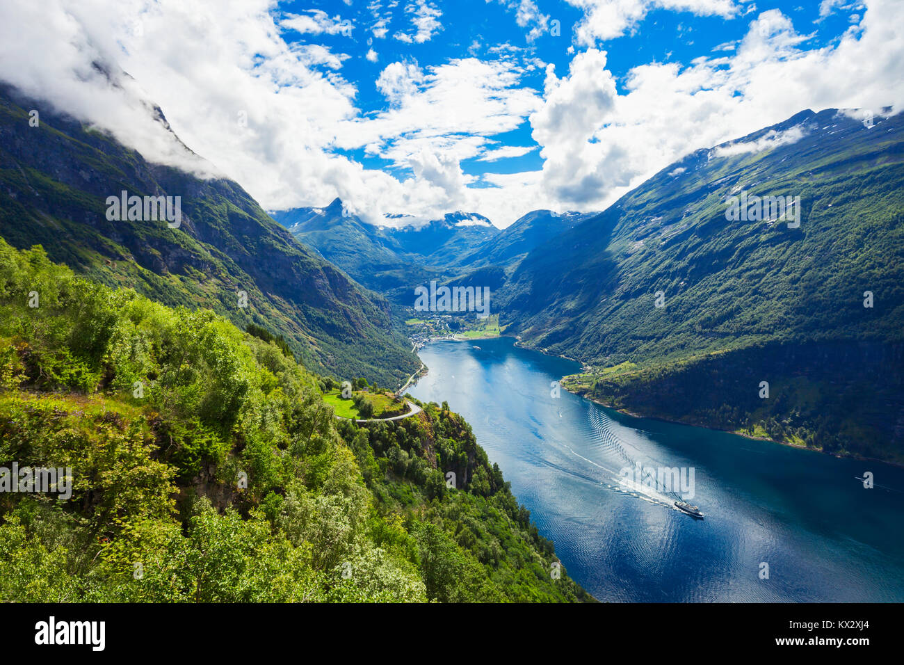 Geirangerfjord aerial panoramic view from Ornesvingen eagle road ...