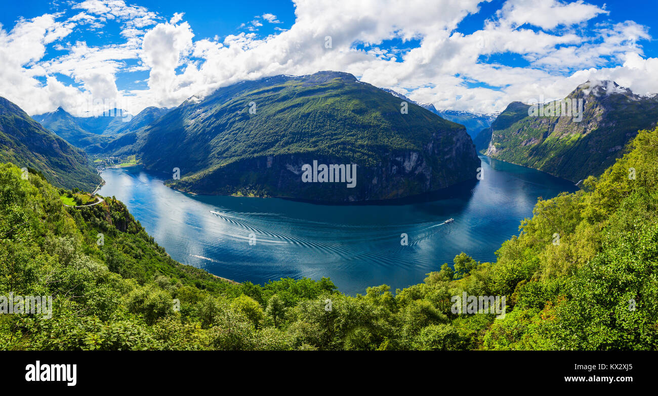 Geirangerfjord aerial panoramic view from Ornesvingen eagle road ...