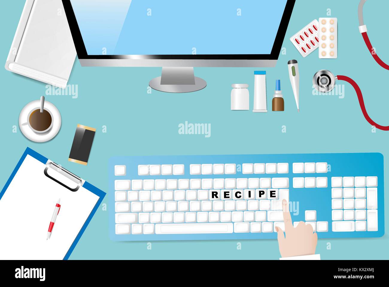 Top view of a medical table with doctor accessories. Finger is touching ...