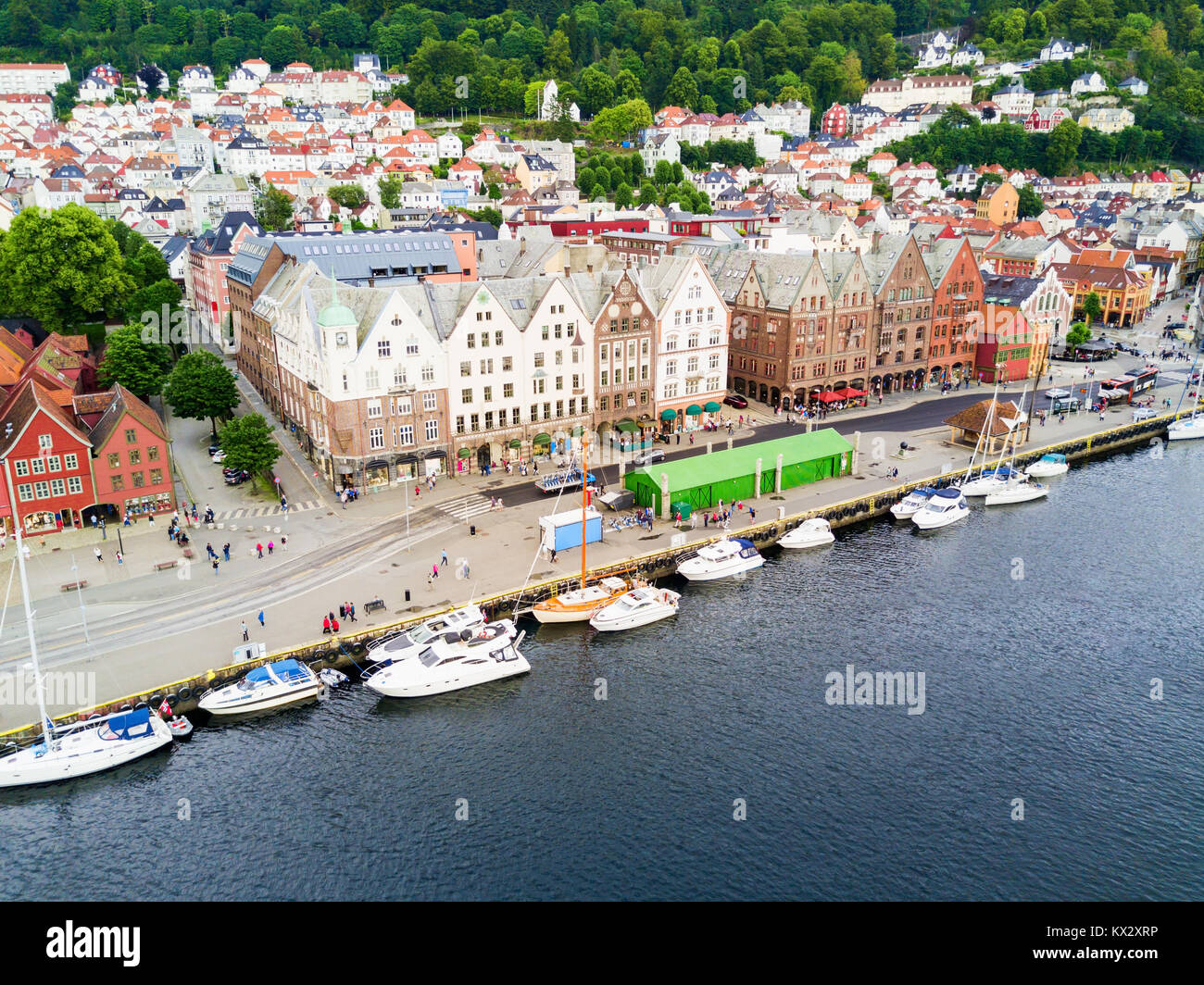 Bryggen aerial panoramic view. Bryggen is a series commercial buildings ...