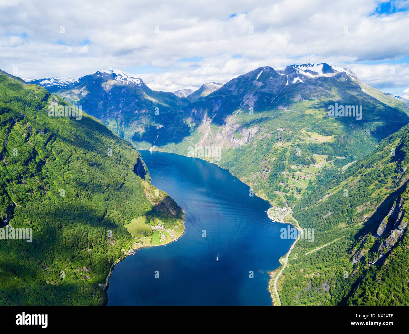 Geirangerfjord and Geiranger village aerial view from Flydalsjuvet ...