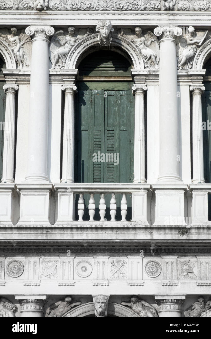Window, columns, sculpture, and detail of Doge's Palace, Venice, 2017 ...
