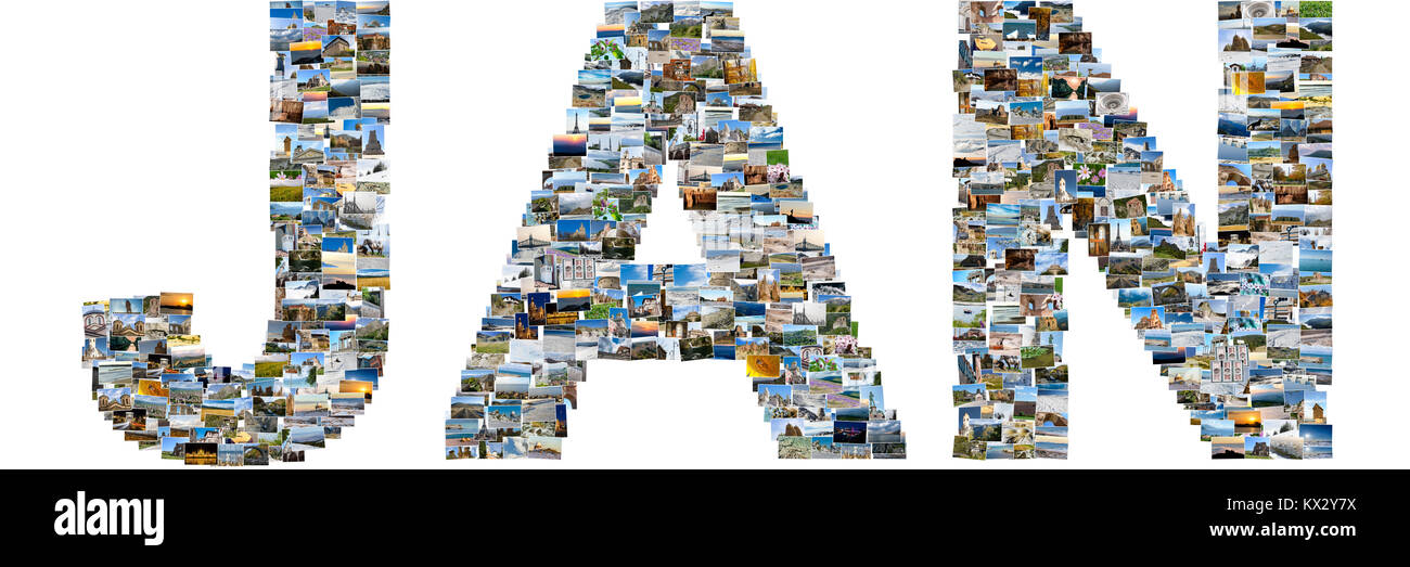 January - illustrated name of calendar month, each letter is made of ...