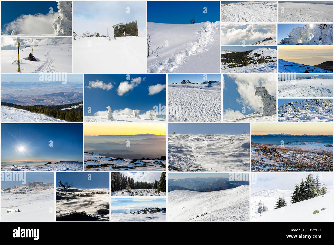 Collage of various winter photos, snowy mountains Stock Photo - Alamy