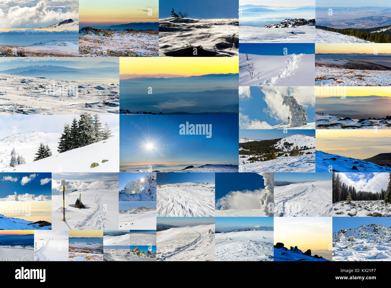 Collage of various winter photos, snowy mountains Stock Photo - Alamy