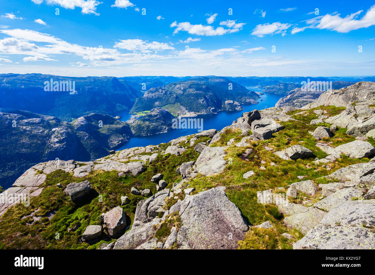 Lysefjord aerial panoramic view from the top of the Preikestolen cliff ...