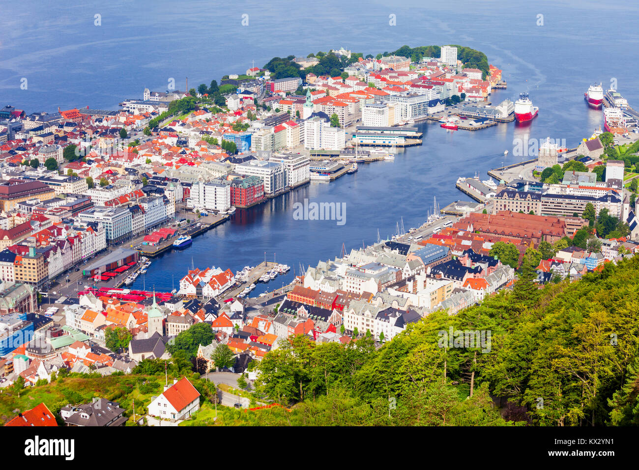 Bergen aerial panoramic view from Mount Floyen viewpoint. Bergen is a ...