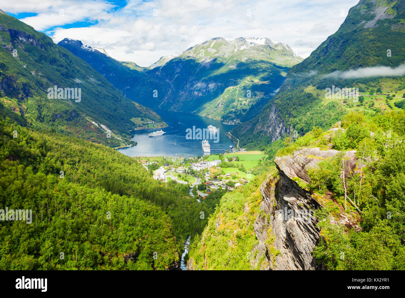 Geirangerfjord and Geiranger village aerial view from Flydalsjuvet ...