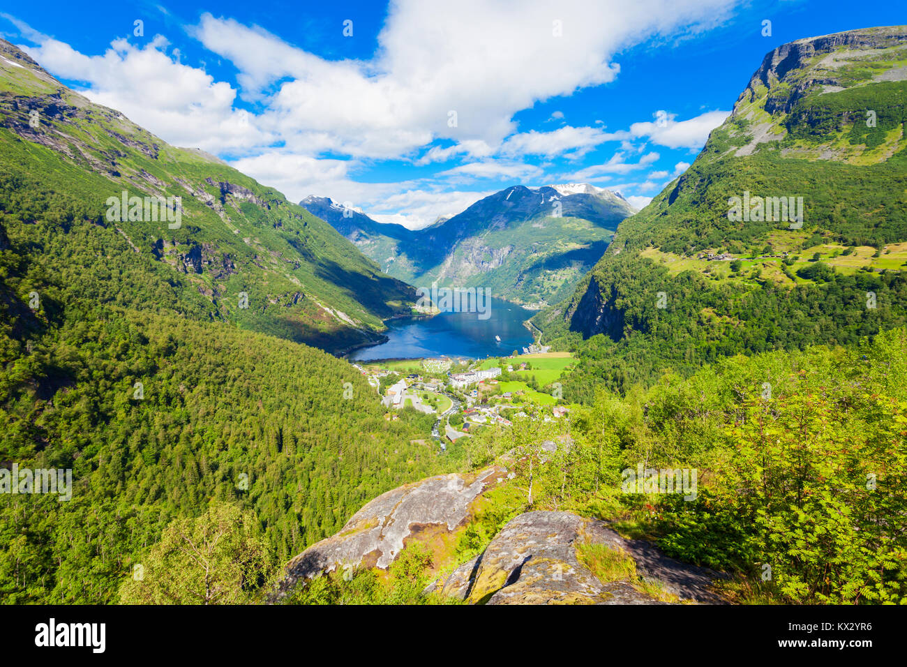 Geirangerfjord and Geiranger village aerial view from Flydalsjuvet ...