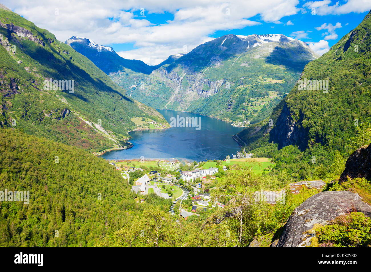 Geirangerfjord and Geiranger village aerial view from Flydalsjuvet ...