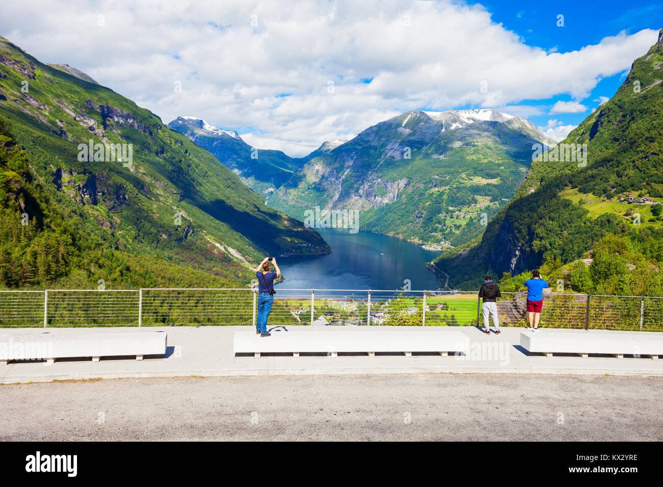 Flydalsjuvet viewpoint with Geirangerfjord and Geiranger village aerial ...