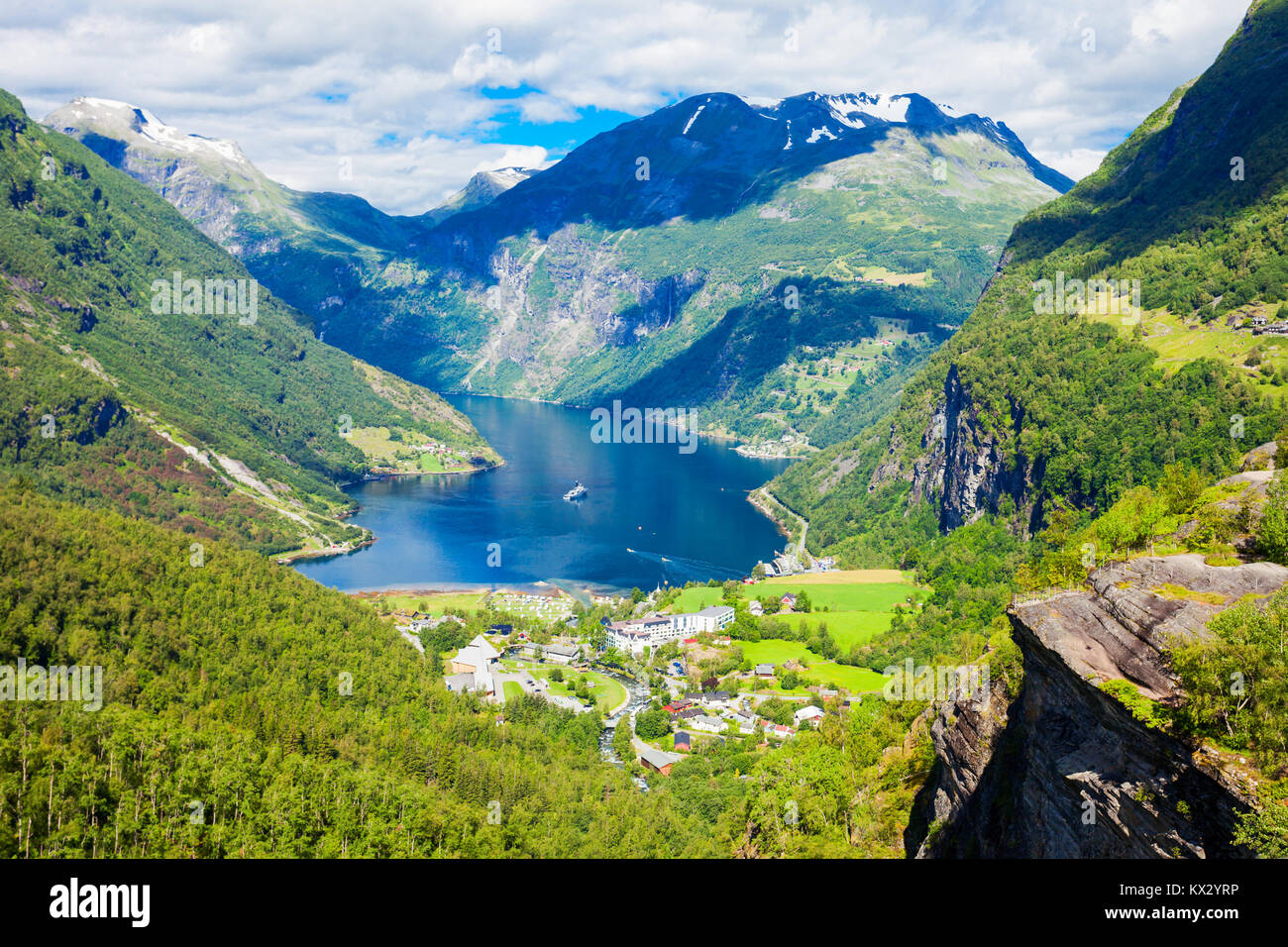 Geirangerfjord and Geiranger village aerial view from Flydalsjuvet ...