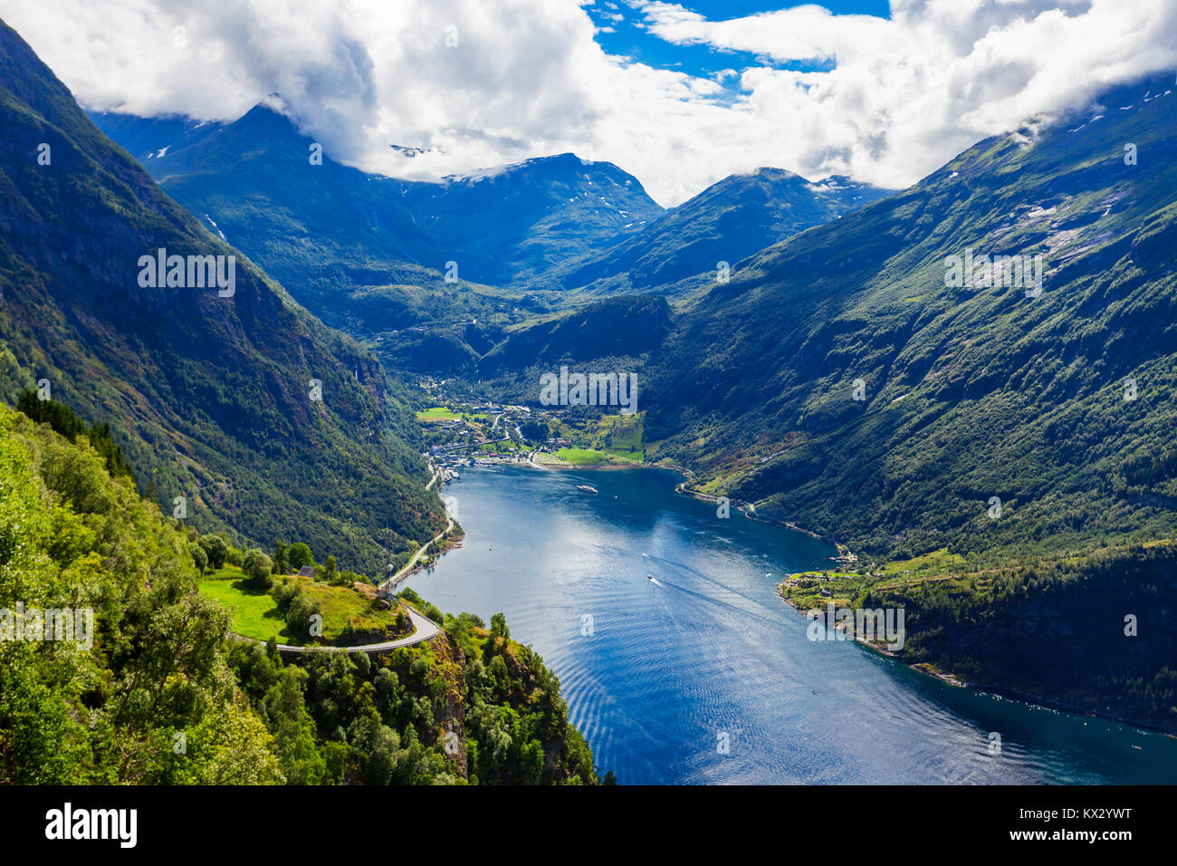 Geirangerfjord aerial panoramic view from Ornesvingen eagle road ...