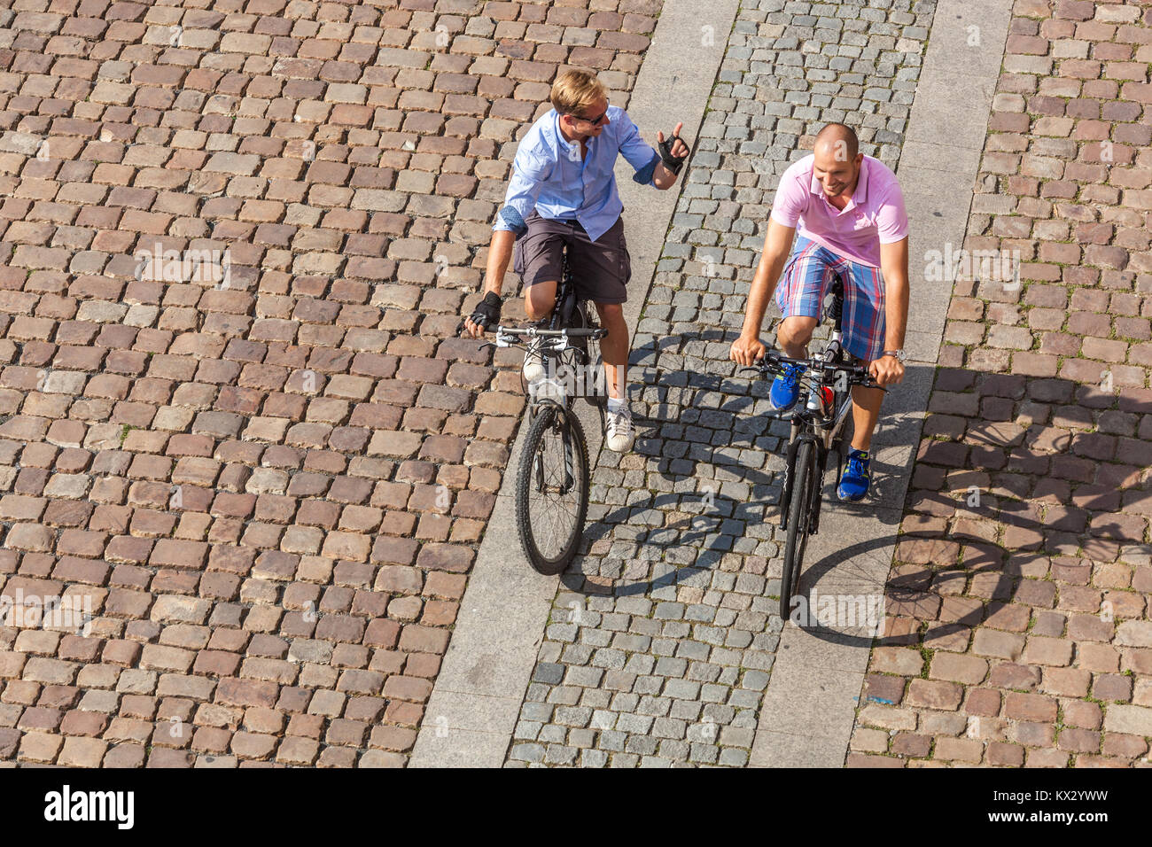 Bikers on the city cycling trail, Prague bikes Naplavka, Czech Republic ...