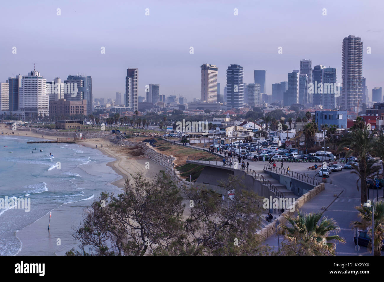 Tel Aviv beach and city Skyline in the purple morning mist Travel ...