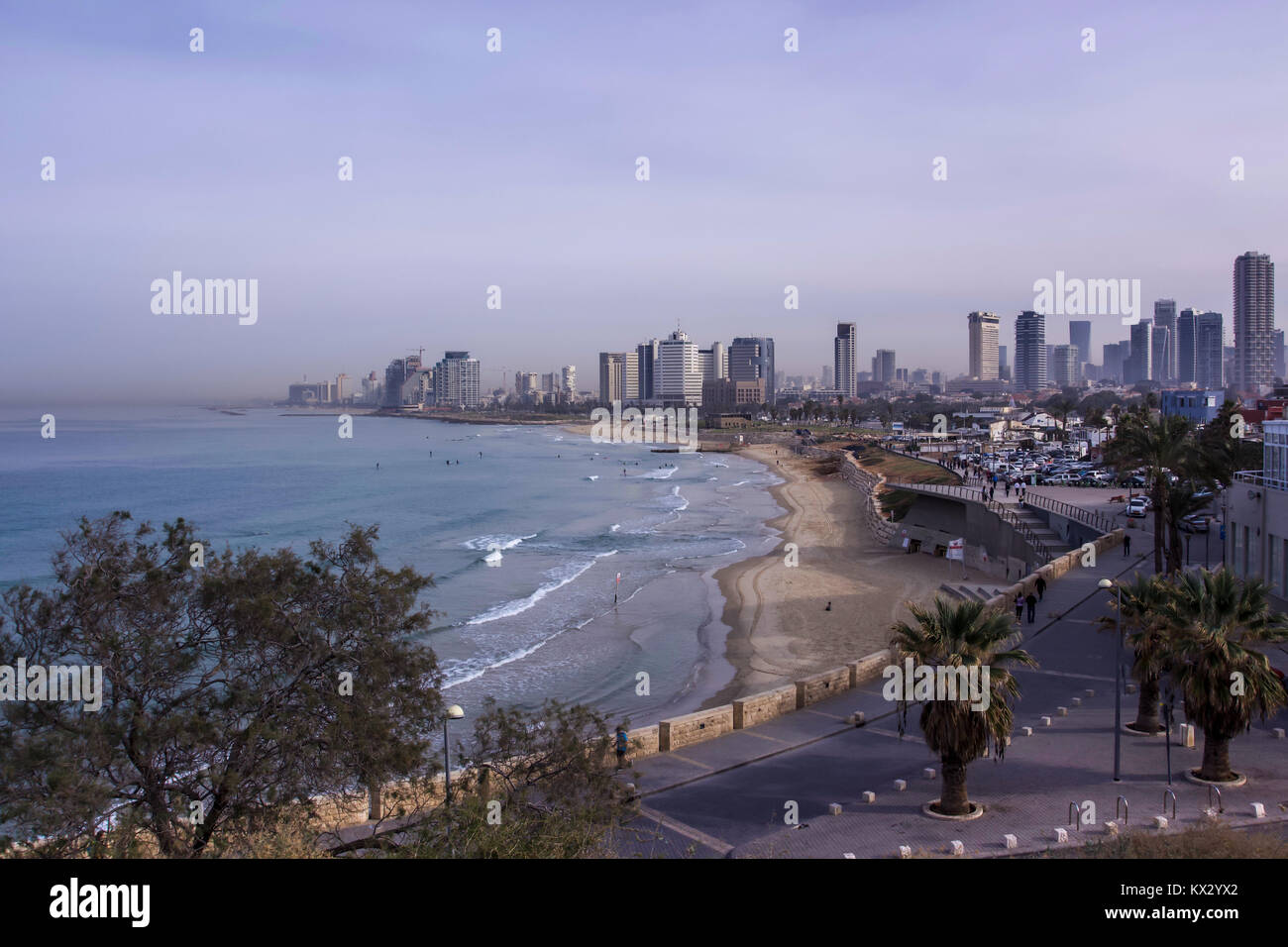 Tel Aviv beach and city Skyline in the purple morning mist Travel ...