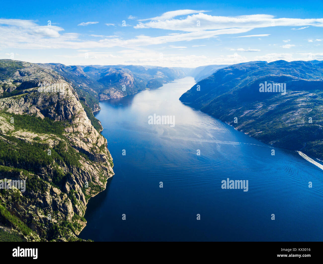 Lysefjord aerial panoramic view from the top of the Preikestolen cliff ...