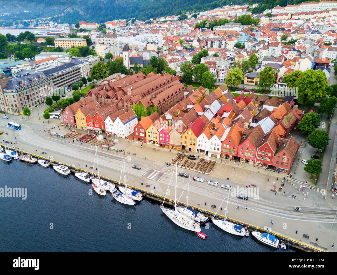 Bryggen aerial panoramic view. Bryggen is a series commercial buildings ...