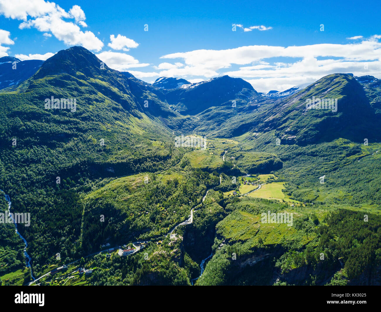 Geirangerfjord and Geiranger village aerial view from Flydalsjuvet ...
