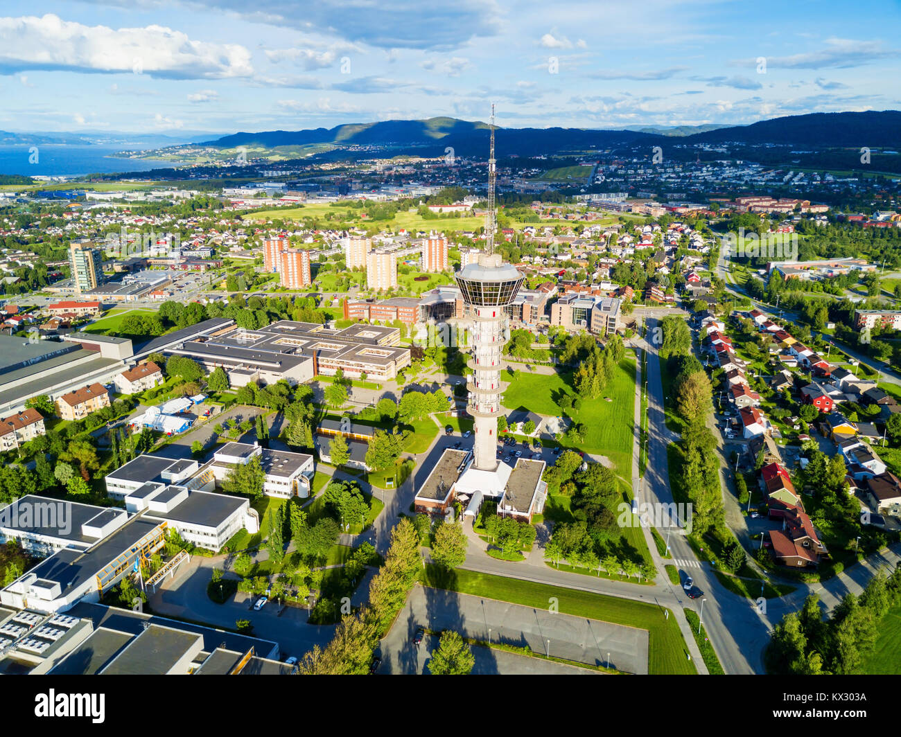 Tyholt TV Tower aerial panoramic view in Trondheim. Trondheim is the ...