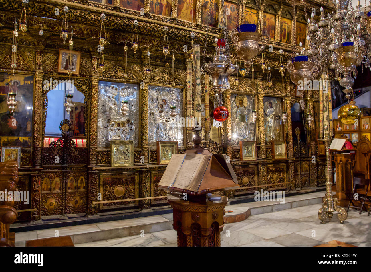 details inside view of the Nativity curch Bethlehem in israel Stock ...