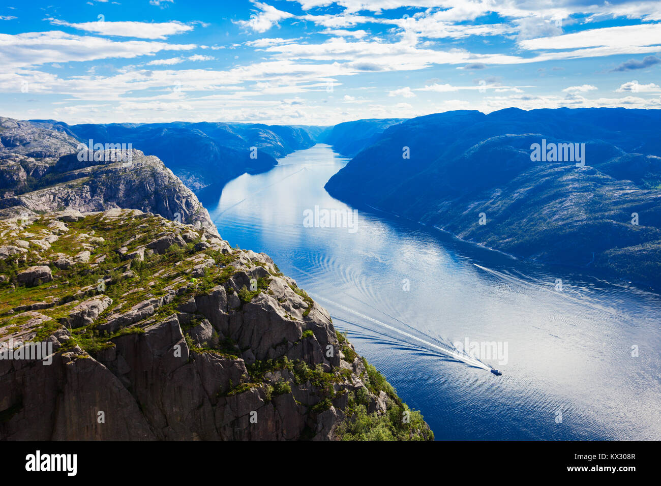 Lysefjord aerial panoramic view from the top of the Preikestolen cliff ...