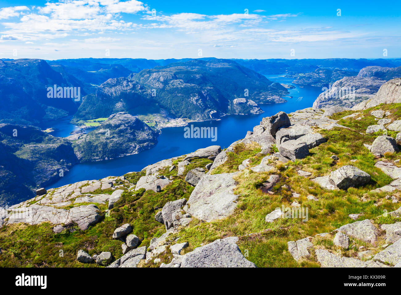 Lysefjord aerial panoramic view from the top of the Preikestolen cliff ...